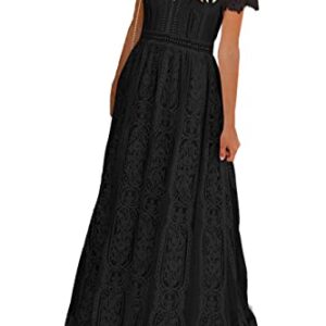 PRETTYGARDEN Women's Floral Lace Maxi Dress 2023 Short Sleeve V Neck Bridesmaid Wedding Evening Party Dresses(Black,X-Large)