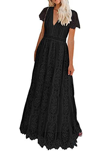 PRETTYGARDEN Women's Floral Lace Maxi Dress 2023 Short Sleeve V Neck Bridesmaid Wedding Evening Party Dresses(Black,X-Large)