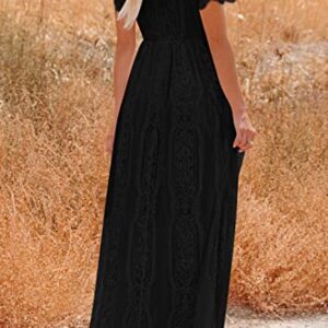 PRETTYGARDEN Women's Floral Lace Maxi Dress 2023 Short Sleeve V Neck Bridesmaid Wedding Evening Party Dresses(Black,X-Large)