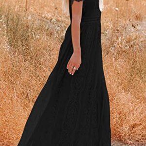 PRETTYGARDEN Women's Floral Lace Maxi Dress 2023 Short Sleeve V Neck Bridesmaid Wedding Evening Party Dresses(Black,X-Large)