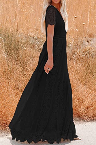 PRETTYGARDEN Women's Floral Lace Maxi Dress 2023 Short Sleeve V Neck Bridesmaid Wedding Evening Party Dresses(Black,X-Large)