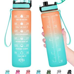 Enerbone 32 oz Water Bottle, Leakproof BPA & Toxic Free, Motivational Water Bottle with Times to Drink and Straw, Fitness Sports Water Bottle with Strap for Office, Gym, Outdoor Sports, Orange-Green