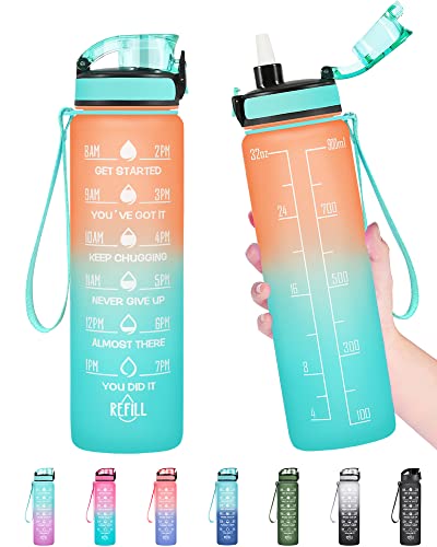 Enerbone 32 oz Water Bottle, Leakproof BPA & Toxic Free, Motivational Water Bottle with Times to Drink and Straw, Fitness Sports Water Bottle with Strap for Office, Gym, Outdoor Sports, Orange-Green