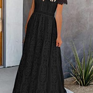 PRETTYGARDEN Women's Floral Lace Maxi Dress 2023 Short Sleeve V Neck Bridesmaid Wedding Evening Party Dresses(Black,X-Large)