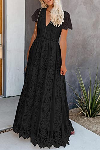 PRETTYGARDEN Women's Floral Lace Maxi Dress 2023 Short Sleeve V Neck Bridesmaid Wedding Evening Party Dresses(Black,X-Large)