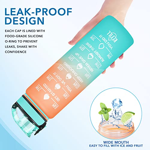 Enerbone 32 oz Water Bottle, Leakproof BPA & Toxic Free, Motivational Water Bottle with Times to Drink and Straw, Fitness Sports Water Bottle with Strap for Office, Gym, Outdoor Sports, Orange-Green