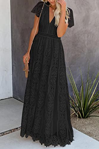 PRETTYGARDEN Women's Floral Lace Maxi Dress 2023 Short Sleeve V Neck Bridesmaid Wedding Evening Party Dresses(Black,X-Large)