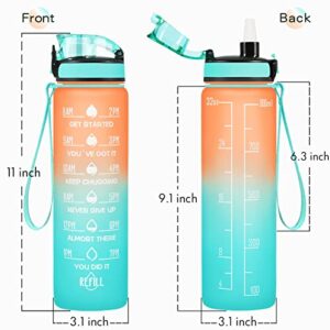 Enerbone 32 oz Water Bottle, Leakproof BPA & Toxic Free, Motivational Water Bottle with Times to Drink and Straw, Fitness Sports Water Bottle with Strap for Office, Gym, Outdoor Sports, Orange-Green