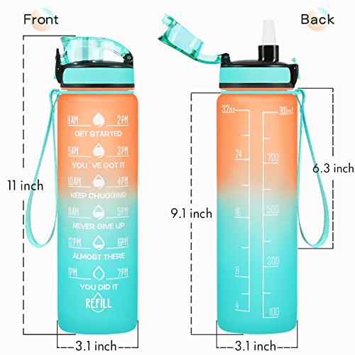 Enerbone 32 oz Water Bottle, Leakproof BPA & Toxic Free, Motivational Water Bottle with Times to Drink and Straw, Fitness Sports Water Bottle with Strap for Office, Gym, Outdoor Sports, Orange-Green