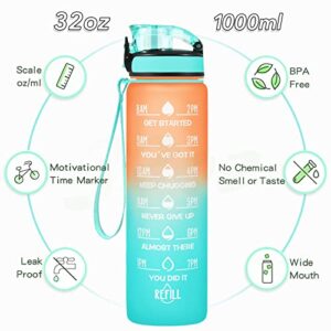 Enerbone 32 oz Water Bottle, Leakproof BPA & Toxic Free, Motivational Water Bottle with Times to Drink and Straw, Fitness Sports Water Bottle with Strap for Office, Gym, Outdoor Sports, Orange-Green