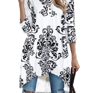 Naggoo Womens 3/4 Sleeve V Neck Button Casual Loose Flowy Swing Tunic Tops Basic Tee Shirts for Leggings L White