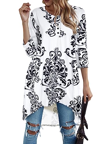 Naggoo Womens 3/4 Sleeve V Neck Button Casual Loose Flowy Swing Tunic Tops Basic Tee Shirts for Leggings L White