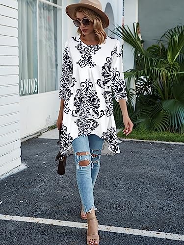 Naggoo Womens 3/4 Sleeve V Neck Button Casual Loose Flowy Swing Tunic Tops Basic Tee Shirts for Leggings L White