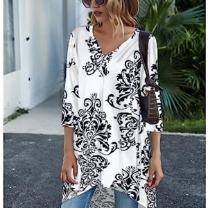 Naggoo Womens 3/4 Sleeve V Neck Button Casual Loose Flowy Swing Tunic Tops Basic Tee Shirts for Leggings L White