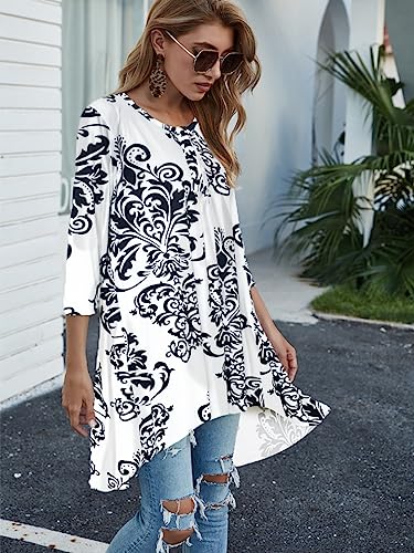 Naggoo Womens 3/4 Sleeve V Neck Button Casual Loose Flowy Swing Tunic Tops Basic Tee Shirts for Leggings L White