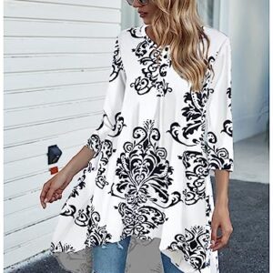 Naggoo Womens 3/4 Sleeve V Neck Button Casual Loose Flowy Swing Tunic Tops Basic Tee Shirts for Leggings L White