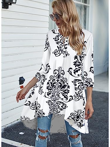 Naggoo Womens 3/4 Sleeve V Neck Button Casual Loose Flowy Swing Tunic Tops Basic Tee Shirts for Leggings L White