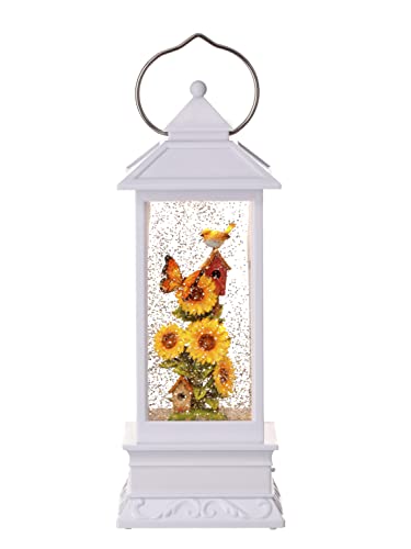 RIBC Spring Decorative Candle Water Lantern with Sunflowers, Bird and Butterfly, Battery Operated with Timer or USB - 11'' Garden Scene Lighted Water Lantern with Bird, White and Yellow