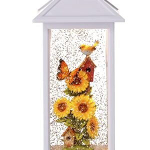 RIBC Spring Decorative Candle Water Lantern with Sunflowers, Bird and Butterfly, Battery Operated with Timer or USB - 11'' Garden Scene Lighted Water Lantern with Bird, White and Yellow