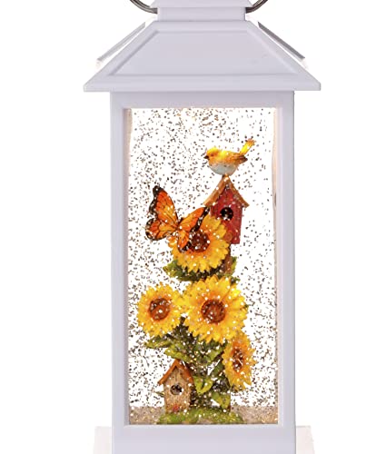 RIBC Spring Decorative Candle Water Lantern with Sunflowers, Bird and Butterfly, Battery Operated with Timer or USB - 11'' Garden Scene Lighted Water Lantern with Bird, White and Yellow