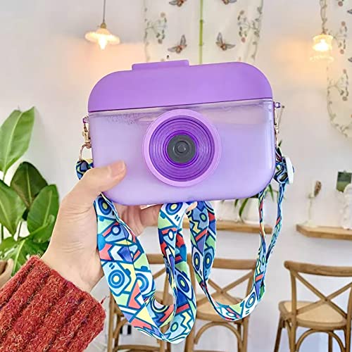 ORIJOYNA 13 oz Cute Water Bottle with Straw - Camera Shape Water Cup with Adjustable Shoulder Straps - Ideal Kawaii Gift for School (Purple)