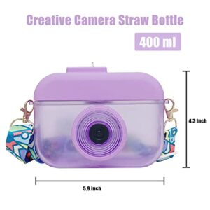 ORIJOYNA 13 oz Cute Water Bottle with Straw - Camera Shape Water Cup with Adjustable Shoulder Straps - Ideal Kawaii Gift for School (Purple)