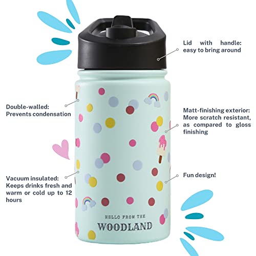 Kids Thermal Bottle with Straw Lid & Loop Cap, 12oz Premium Stainless Steel Water Bottle, Easy to Drink for Toddlers, Keeps Drinks Fresh for 12 Hours, 2 designs