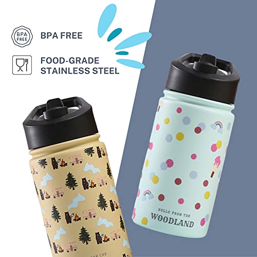 Kids Thermal Bottle with Straw Lid & Loop Cap, 12oz Premium Stainless Steel Water Bottle, Easy to Drink for Toddlers, Keeps Drinks Fresh for 12 Hours, 2 designs