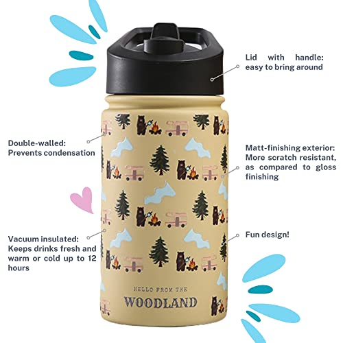 Kids Thermal Bottle with Straw Lid and Loop Cap, 12oz Premium Stainless Steel Water Bottle, Easy to Drink for Toddlers, 2 designs