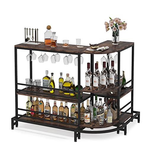 Tribesigns L-Shaped Home Bar Unit, 3-Tier Liquor Bar Table with Storage and Footrest, 43.3" Tall Wine Bar Stand Pub Bar Table for Liquor and Glasses, Rustic Brown