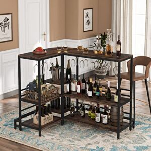 Tribesigns L-Shaped Home Bar Unit, 3-Tier Liquor Bar Table with Storage and Footrest, 43.3" Tall Wine Bar Stand Pub Bar Table for Liquor and Glasses, Rustic Brown