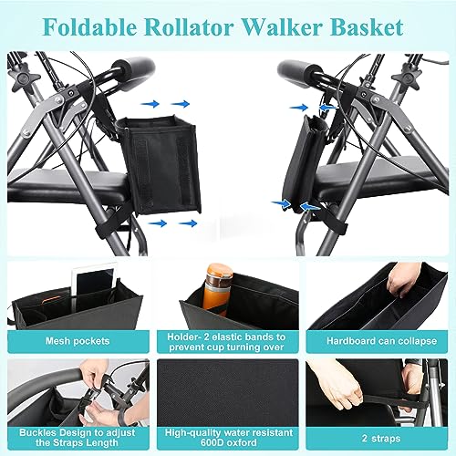 Rollator Basket, Dotday Rollator Walker Bag w/Cup Holder, Easy to Use Folding Rollator Walker Storage Bag, Never Tipping Over The Walker, Best Gift for Family and Friends - (for Rollator Walkers)