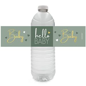 Green and Gold Baby Shower Water Bottle Labels - Greenery Sweet Baby Waterproof Wrappers - 24 Stickers