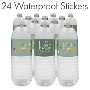 Green and Gold Baby Shower Water Bottle Labels - Greenery Sweet Baby Waterproof Wrappers - 24 Stickers