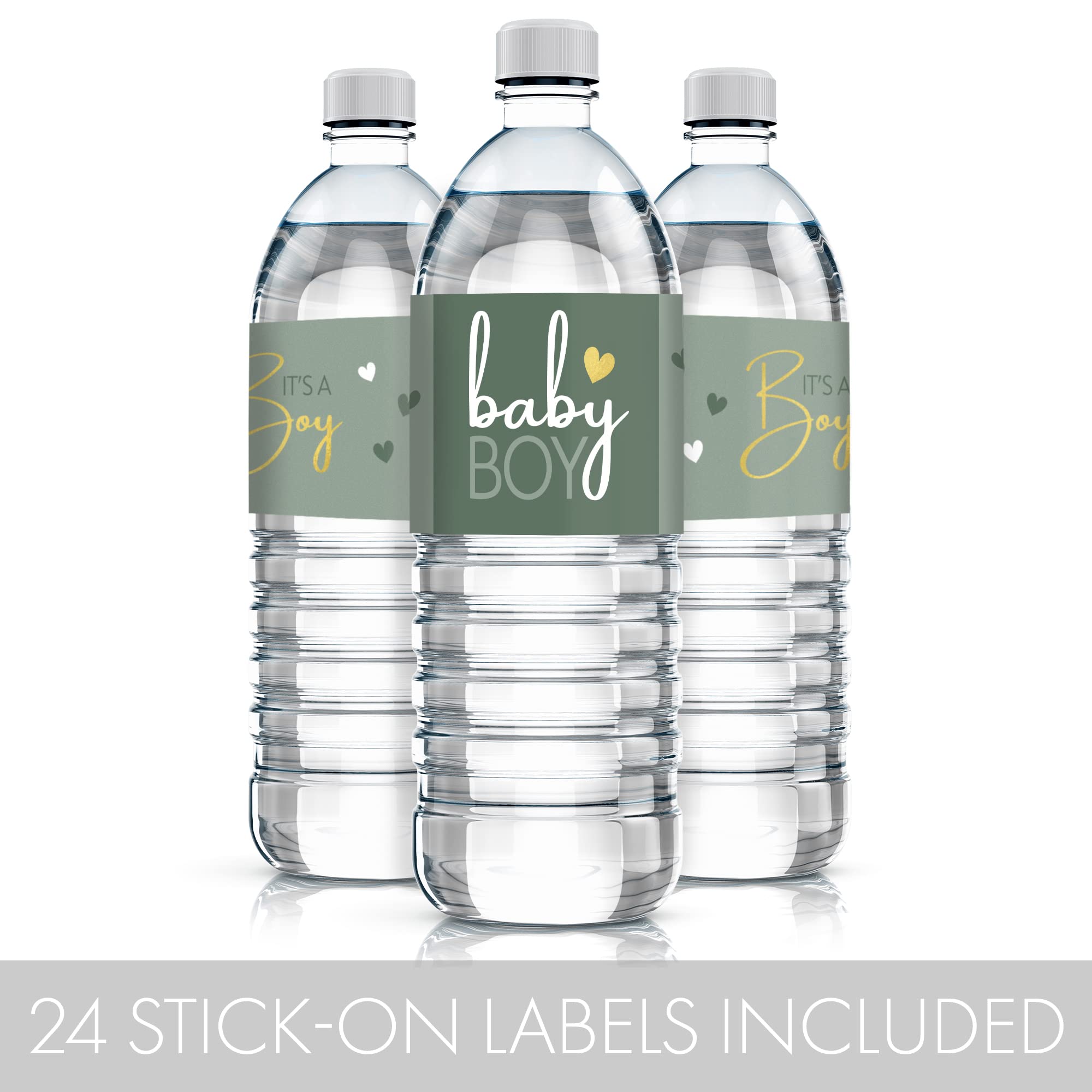 Green It’s a Boy Baby Shower Water Bottle Labels - Greenery Baby Boy - 24 Stickers