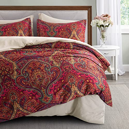 Get Bed Ready Boho Paisley Medallion Duvet Cover Set Traditional Antique Rug Vintage Damask Bohemian Pattern Bedding Elegant Boteh Tapestry Egyptian Cotton (Ruby Red, King)