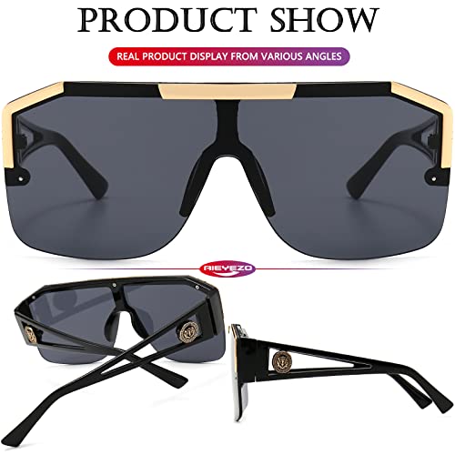 AIEYEZO Square Oversized Sunglasses Flat Top Shield Sun Glasses for Men Women One Lens Square Shades (Black/Grey)