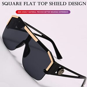 AIEYEZO Square Oversized Sunglasses Flat Top Shield Sun Glasses for Men Women One Lens Square Shades (Black/Grey)