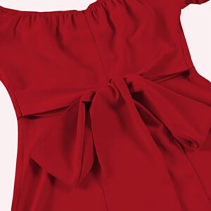 LYANER Women's Off Shoulder Wrap Ruffle Puff Short Sleeve Ruched Tie Back Dress Red Small