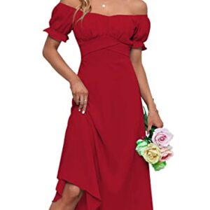 LYANER Women's Off Shoulder Wrap Ruffle Puff Short Sleeve Ruched Tie Back Dress Red Small