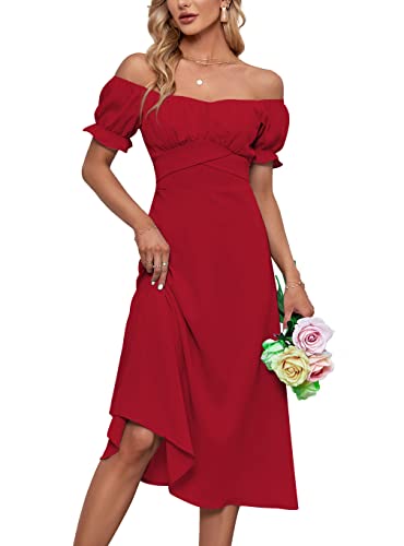 LYANER Women's Off Shoulder Wrap Ruffle Puff Short Sleeve Ruched Tie Back Dress Red Small