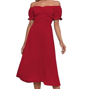 LYANER Women's Off Shoulder Wrap Ruffle Puff Short Sleeve Ruched Tie Back Dress Red Small