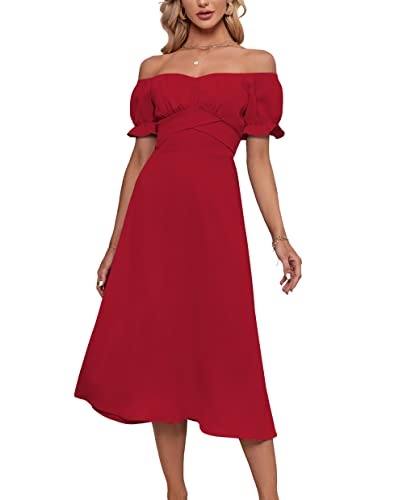 LYANER Women's Off Shoulder Wrap Ruffle Puff Short Sleeve Ruched Tie Back Dress Red Small