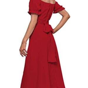 LYANER Women's Off Shoulder Wrap Ruffle Puff Short Sleeve Ruched Tie Back Dress Red Small