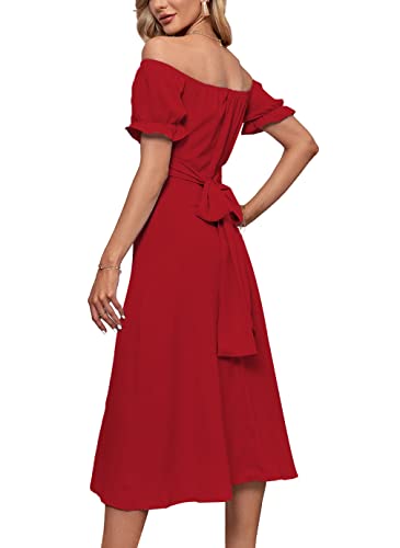 LYANER Women's Off Shoulder Wrap Ruffle Puff Short Sleeve Ruched Tie Back Dress Red Small