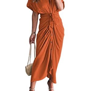 Ceuplon Womens Button Down Short Sleeve Ruched Front Tie Up Maxi Shirt Dresses Orange M