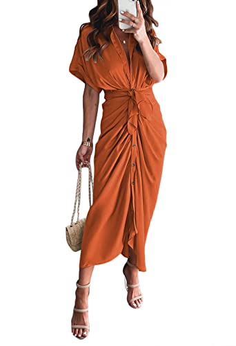 Ceuplon Womens Button Down Short Sleeve Ruched Front Tie Up Maxi Shirt Dresses Orange M