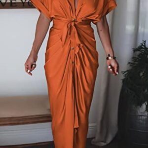 Ceuplon Womens Button Down Short Sleeve Ruched Front Tie Up Maxi Shirt Dresses Orange M