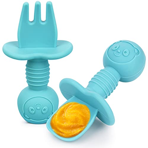 Baby Spoon & Fork - First Stage Toddler Utensils - Baby Led Weaning Spoon - 100% Food Grade Soft Silicone Anti-Choke, Best Self Feeding for Ages 6 Months+