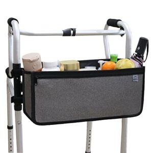 mdstop walker basket, walker bag water cup holder, foldable walker attachment hands-free storage bag for elderly, senior, large capacity with zippered phone pocket (not fit rollator walkers) (grey)